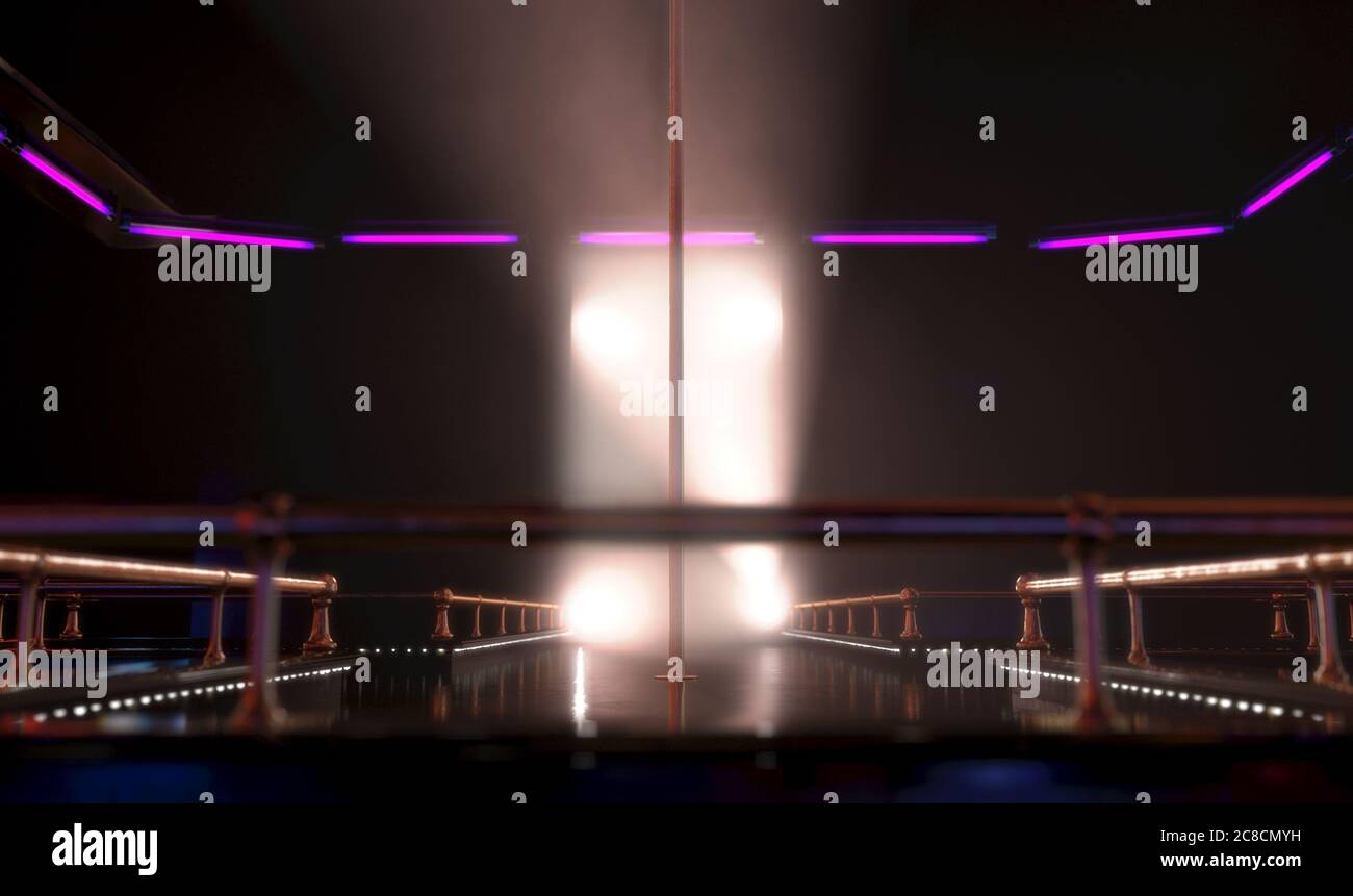 An empty strip club dancing stage with a pole and brass railings and ...