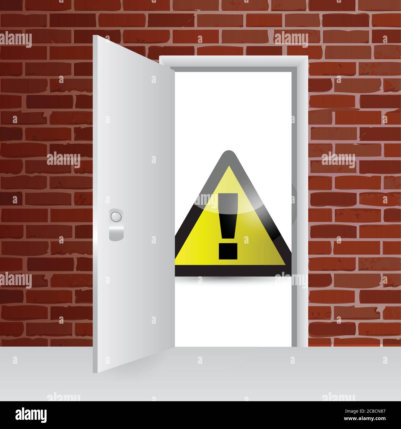 Warning sign and open door illustration design over a brick wall ...