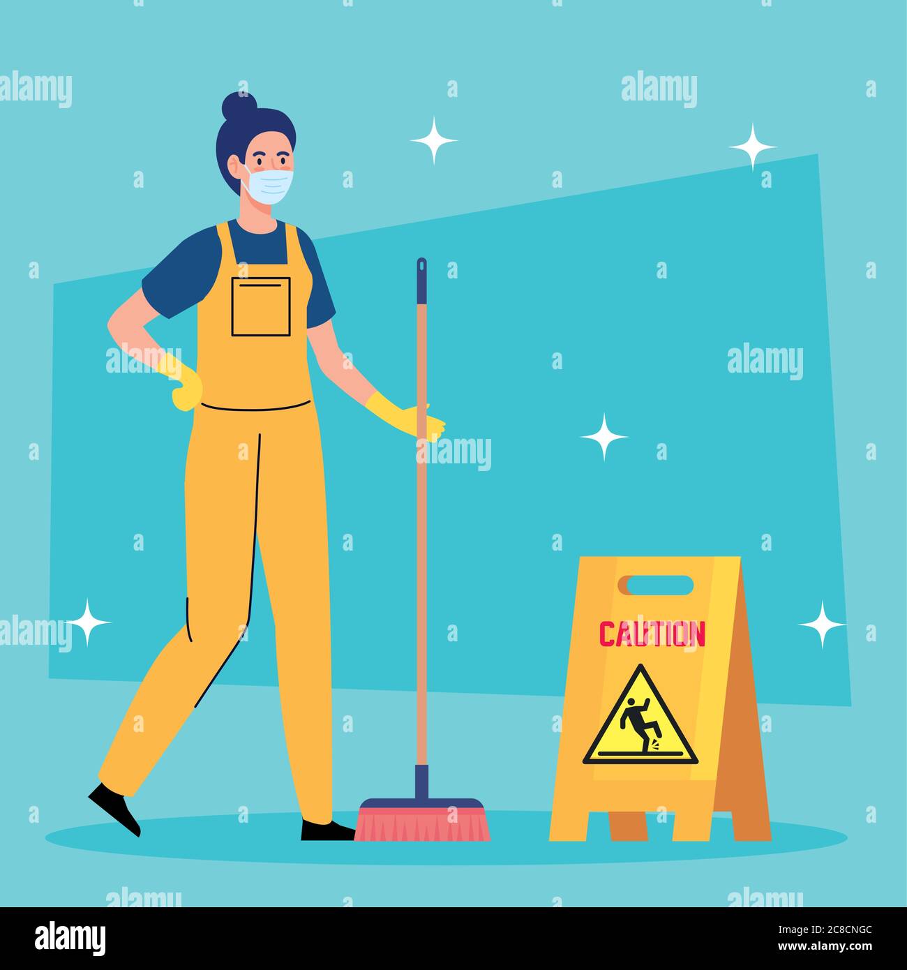 woman cleaning worker wearing medical mask with equipment, woman ...