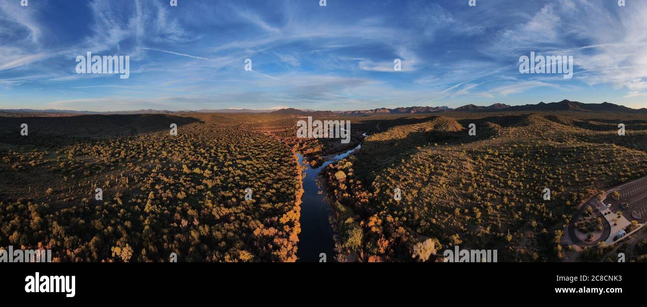 Aerial panoramic shot of the Lower Salt River recreation area at Phon ...
