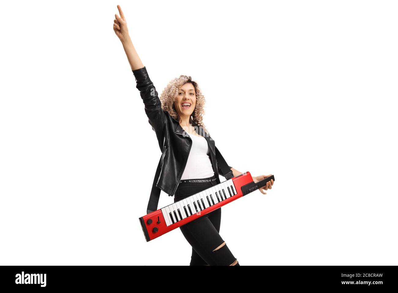 Full length portrait of a young female musician with a keytar ...
