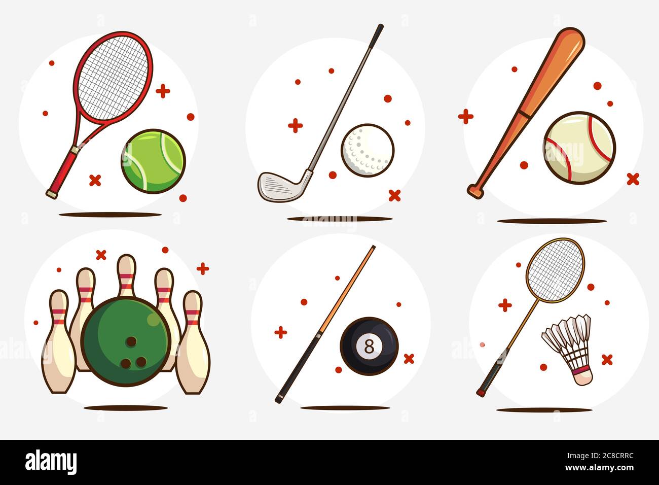 Set Of Sports Equipment. Tennis, Golf, Baseball, Bowling, billiard, And ...