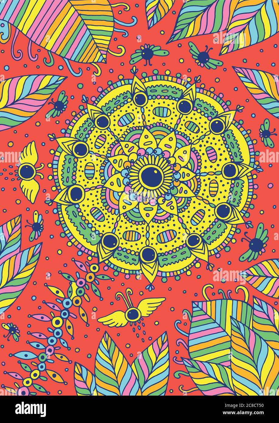 Flower, leaves, flies and sky - fantastic psychedelic backround. Hand ...