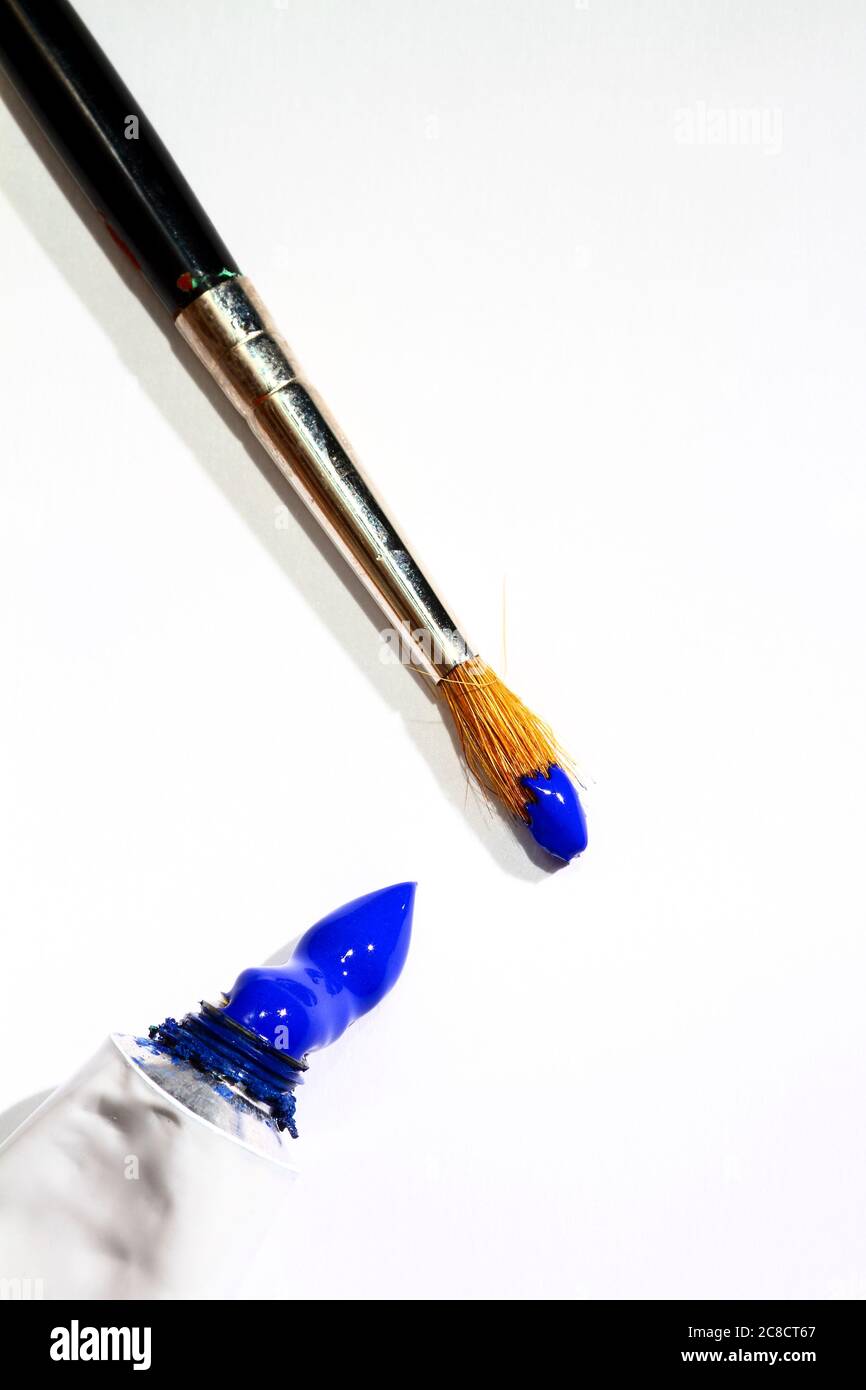 Artists paint brush and tube of blue paint isolated on a white ...