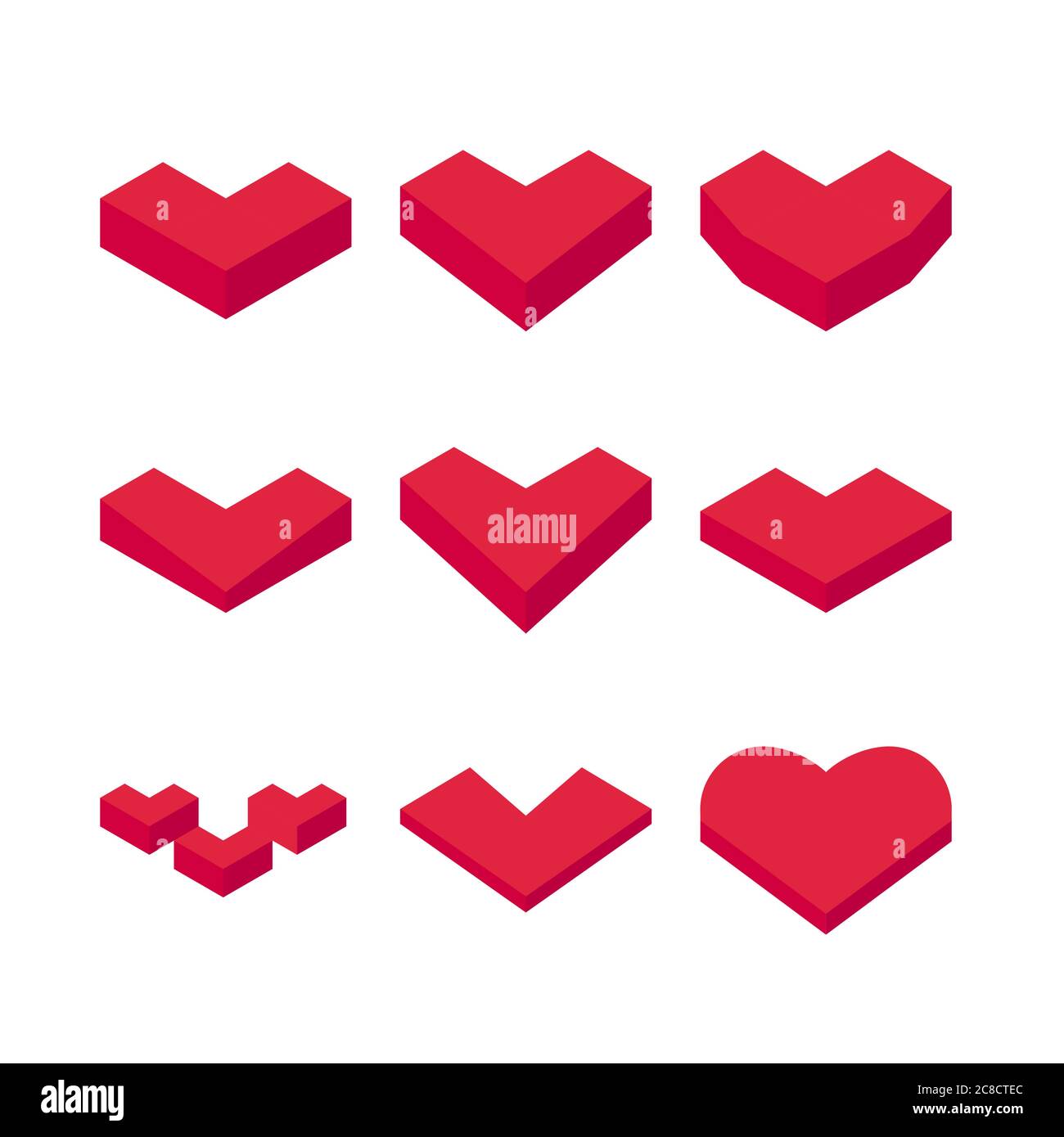 Isometric red heart set. 3D Heart icons. Heart logo concept. Valentine ...
