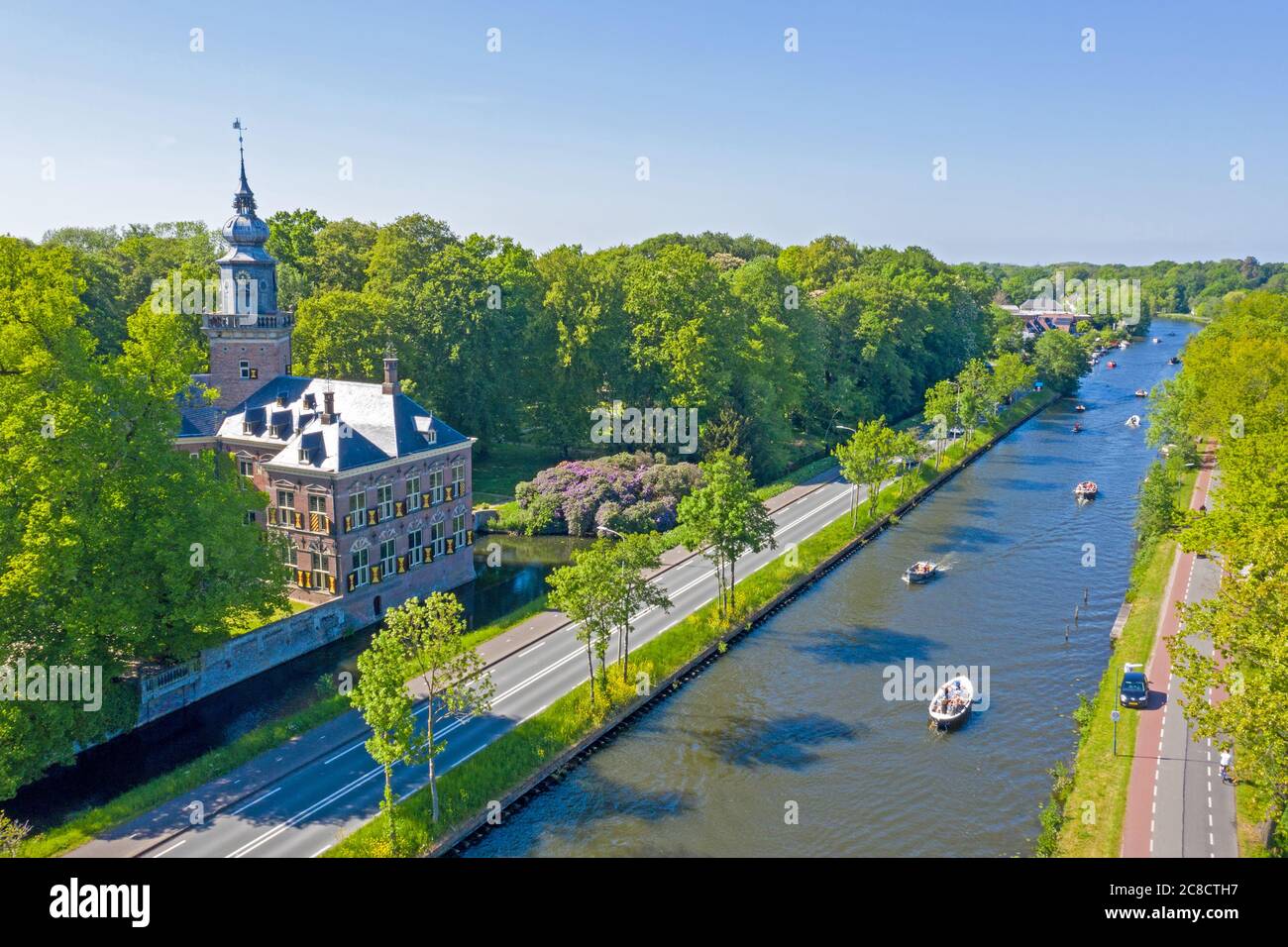 Aerial from the river Vecht with castle Nijenrode in the Netherlands ...