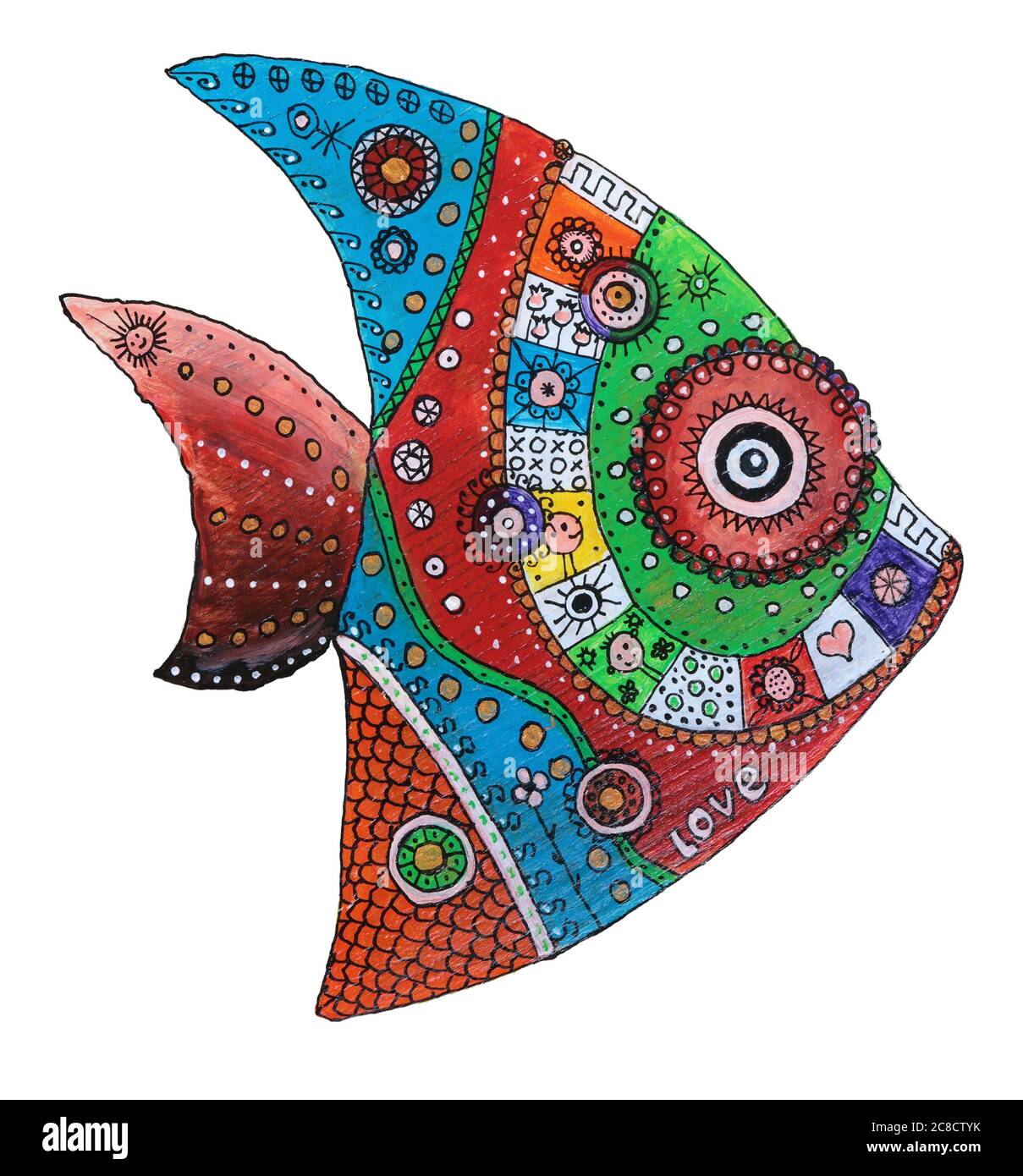 Funny cool fish painted with acrylics on a wooden chair surface ...