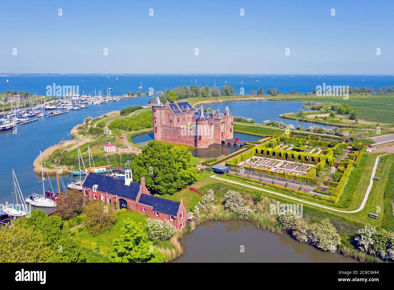 Aerial from the medieval castle 'Muiderslot' in Muiden the Netherlands ...