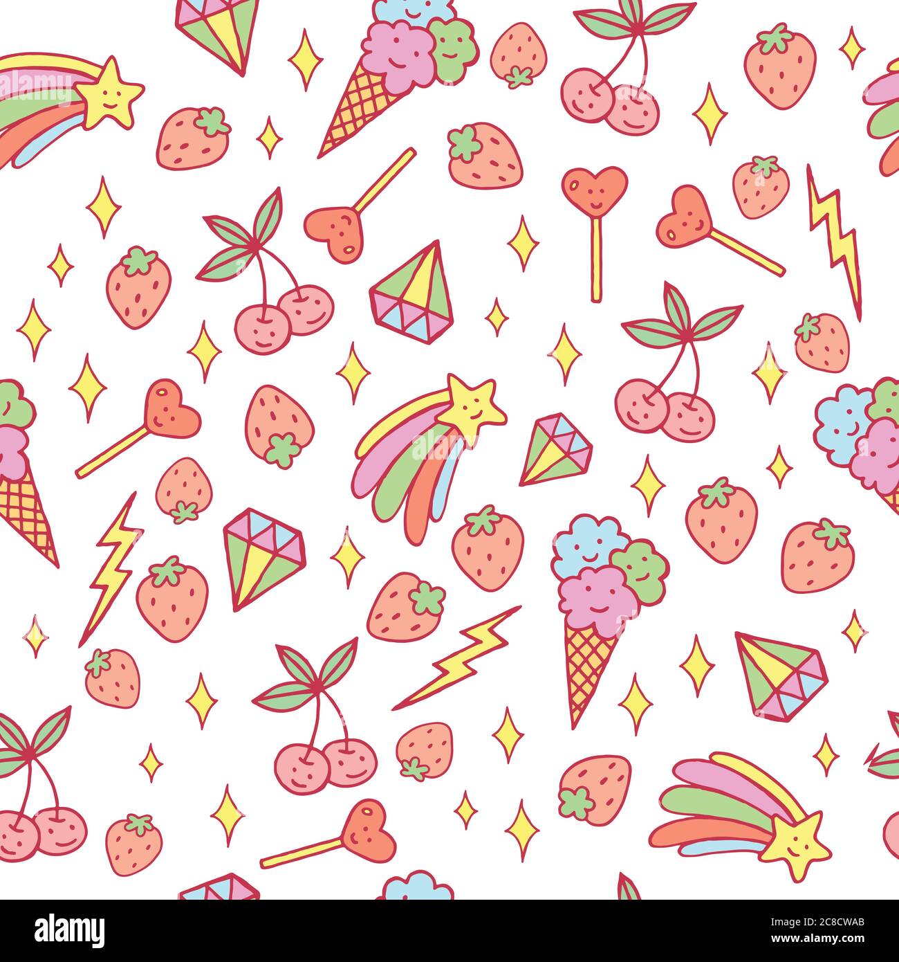 Cute doodle pattern with ice cream, cherry, stars, diamonds etc. Pastel ...