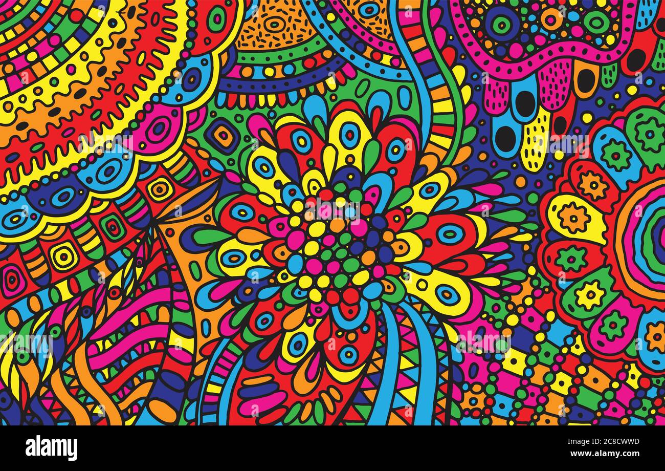 Psychedelic cartoon hand drawn background. Colorful fantastic doodle ...