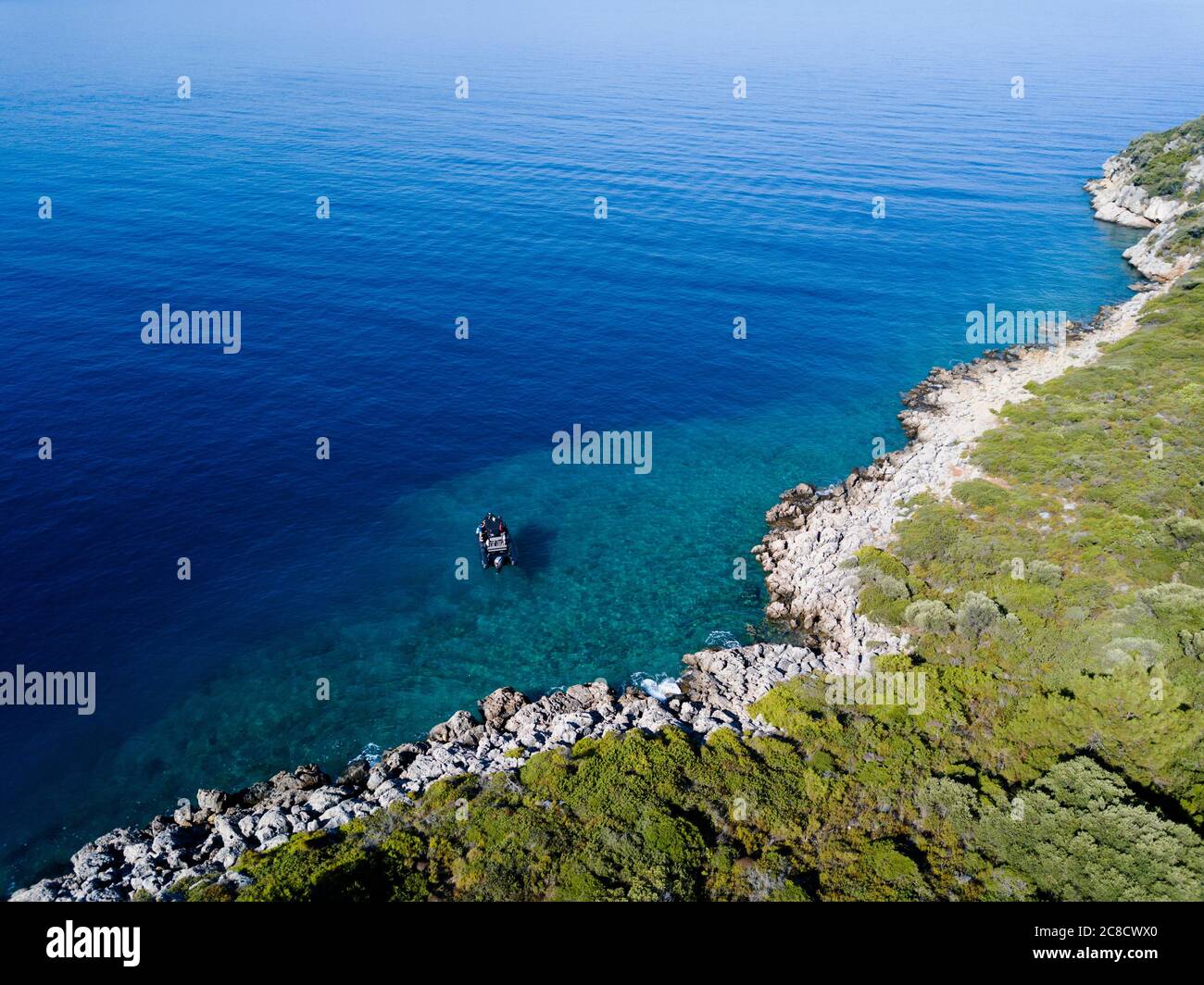 Aerial view of Boncuk Cove and shark researchers in Gokova Bay Turkey ...