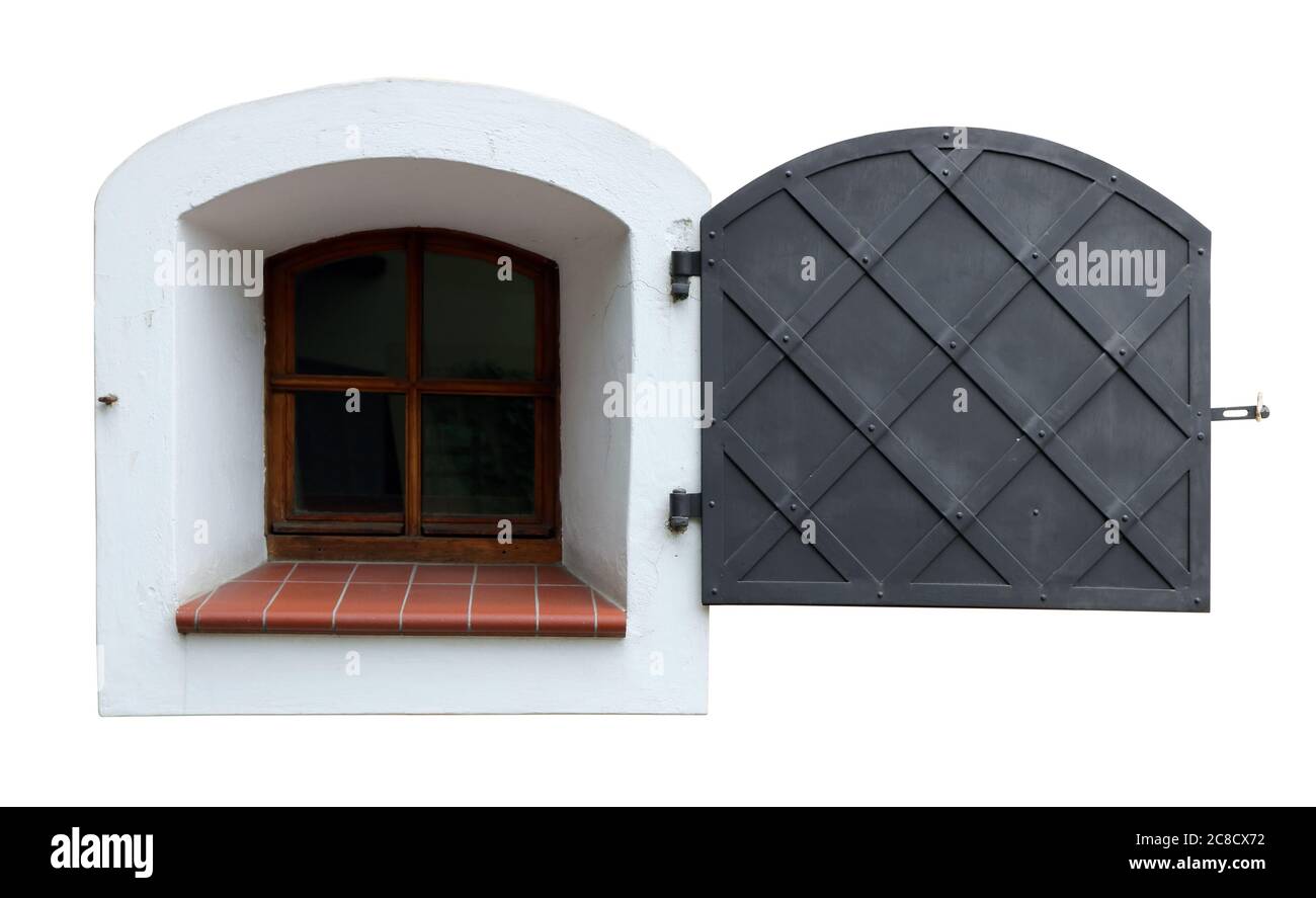 A old small window protected by an iron shutter. Isolated on white ...