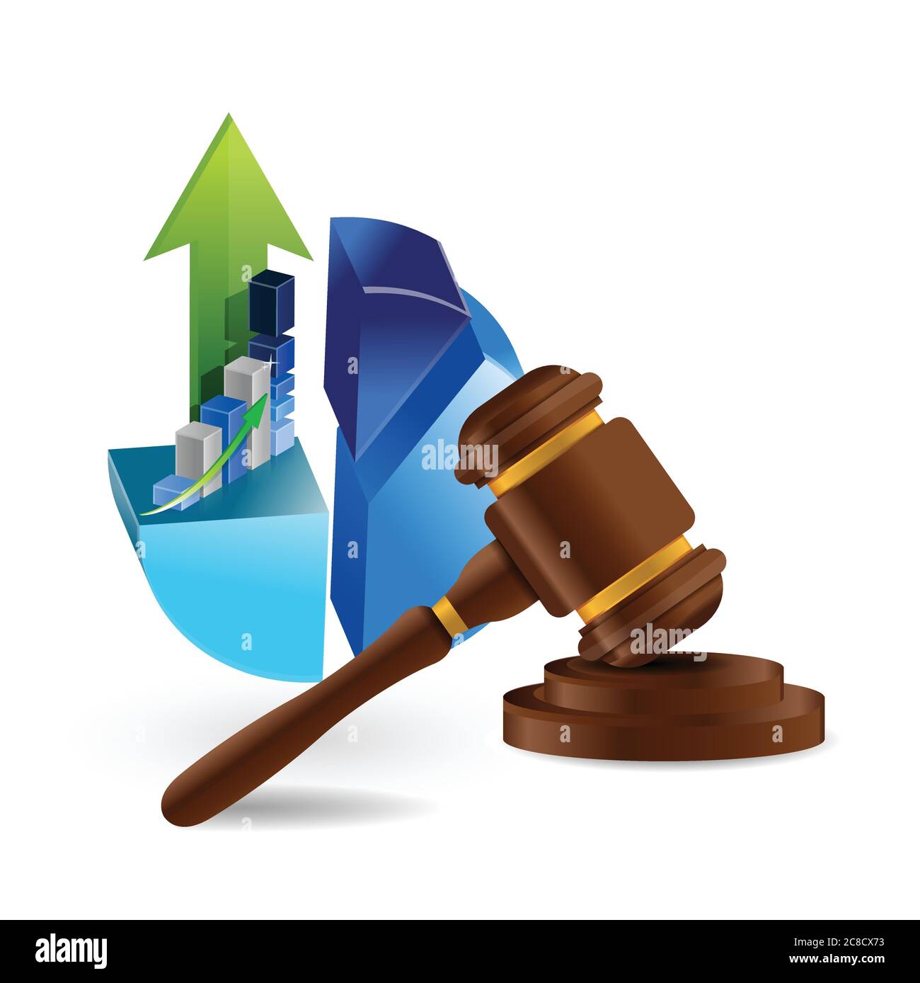 Pie chart and legal hammer illustration design over a white background ...