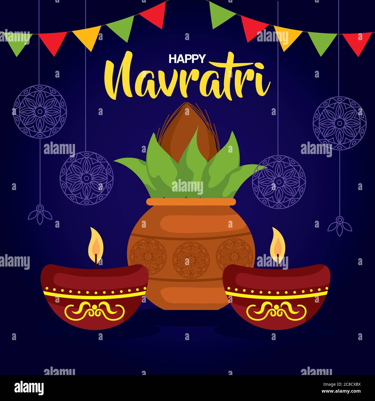 happy navratri celebration poster with plant in ceramic and candles ...