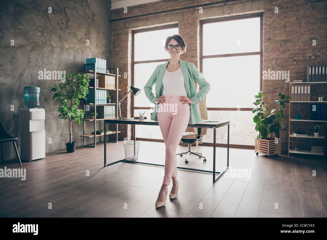 Full body photo of positive real estate agent lawyer girl stand in ...