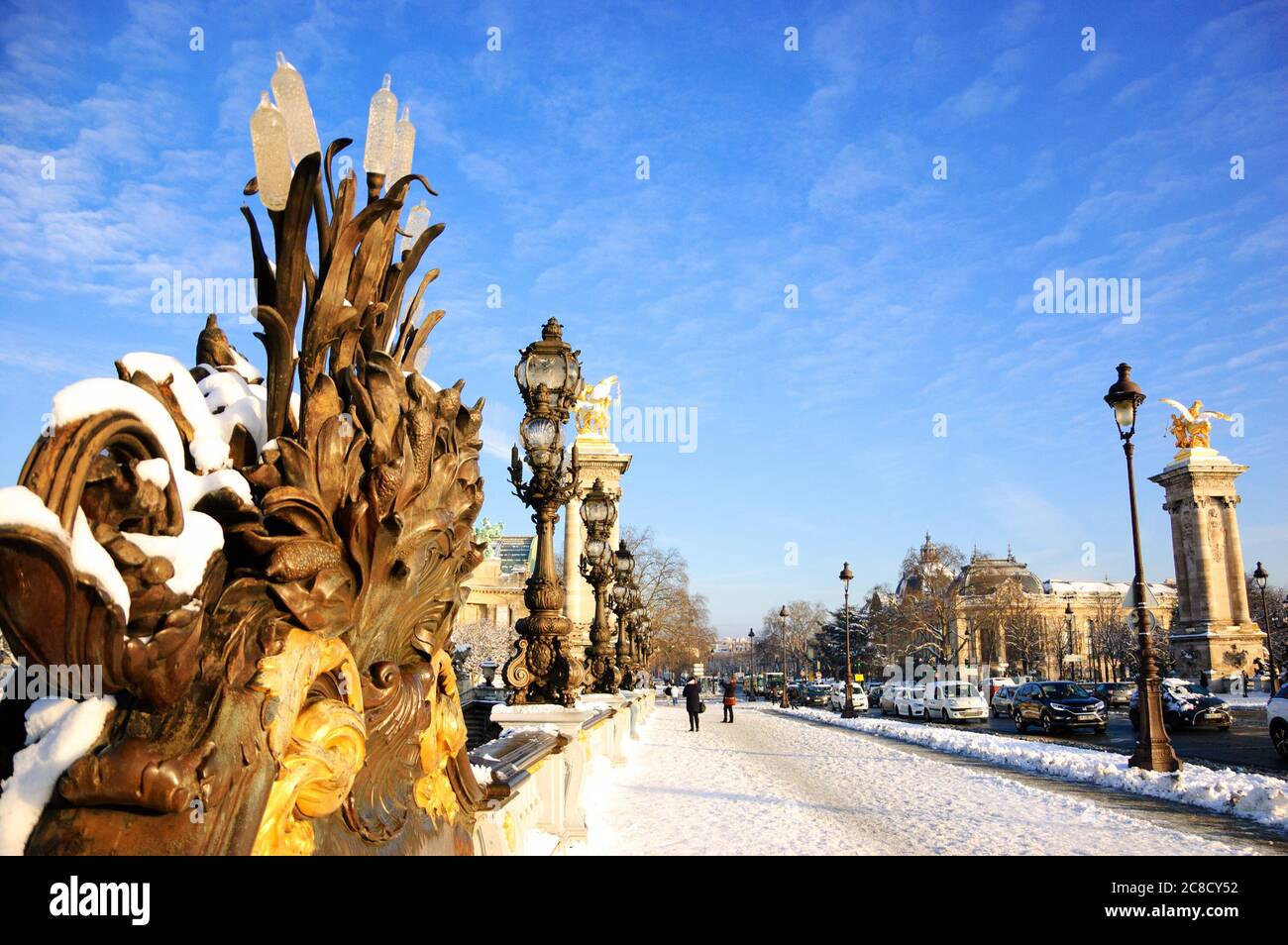 Paris under snow. View of Alexandre III Bridge. Grand Palais and Petit ...