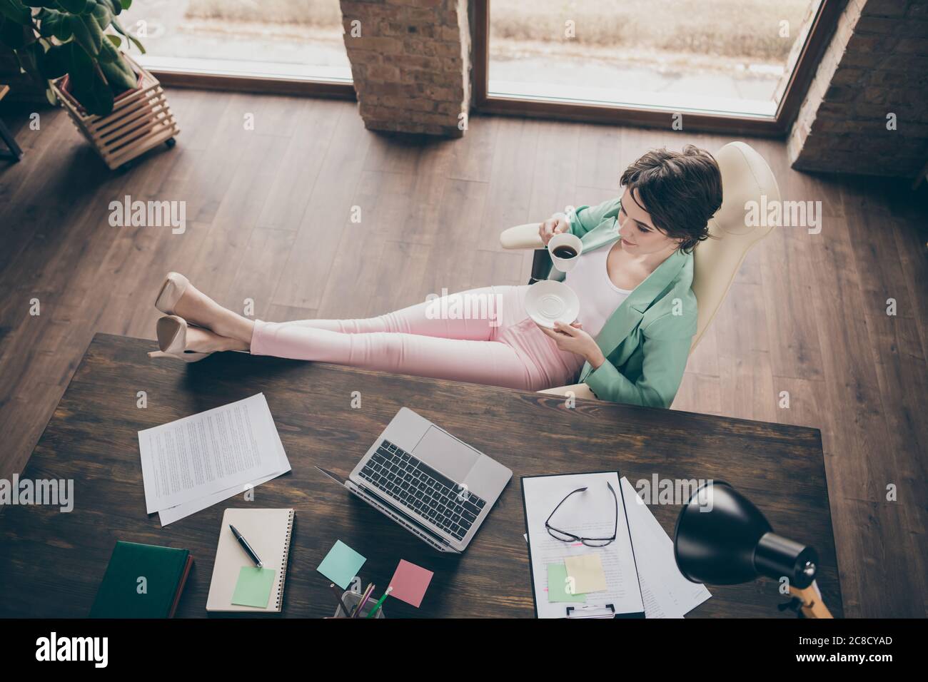 Full size high angle above view photo of beautiful business lady hold ...