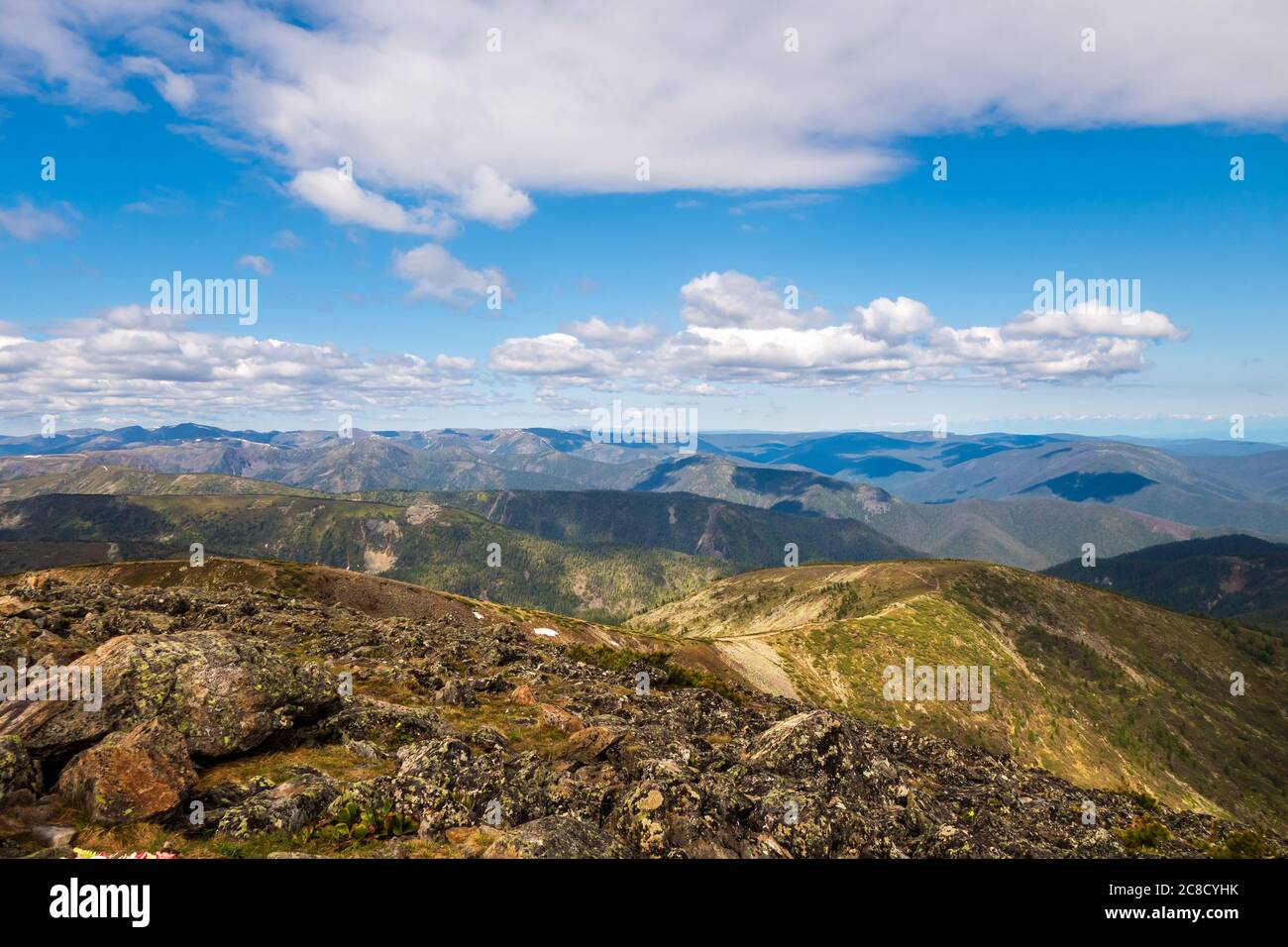 Magnificent view of the mountains from Chersky Peak. Mountain peaks of ...