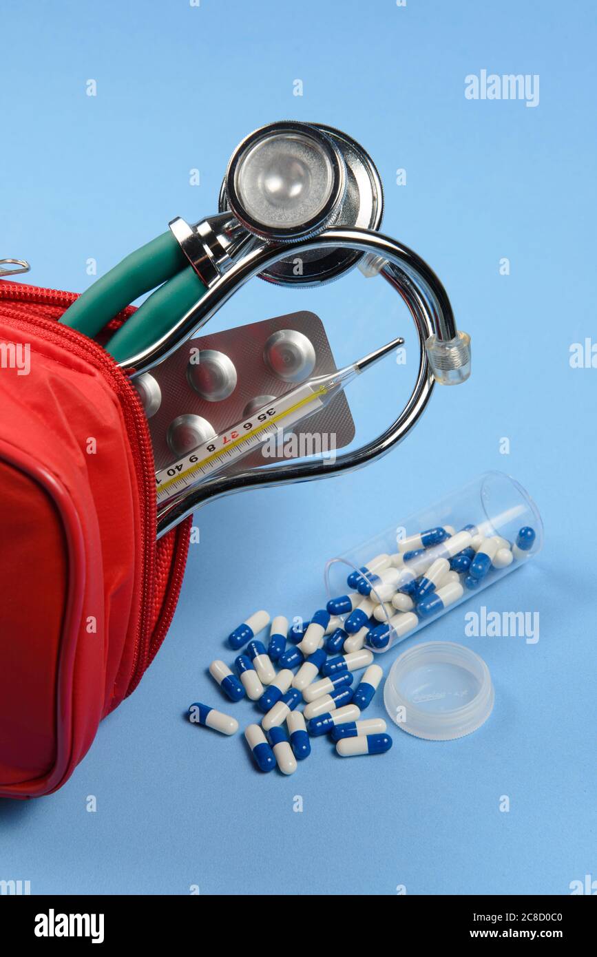 first aid kit with stethoscope and medicine blister Stock Photo - Alamy