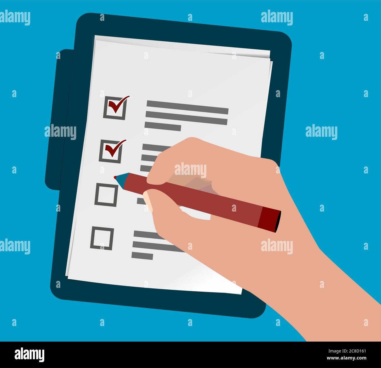 above view of person ticking off check list or questionnaire with pen ...