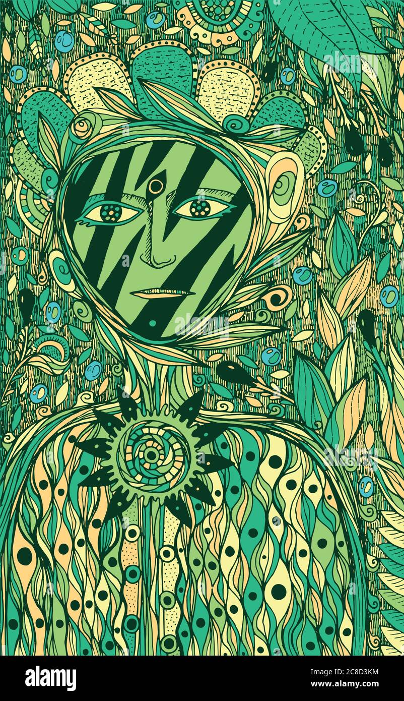 Flower spirit - fantasy ink graphic art. Green cartoon surreal artwork ...