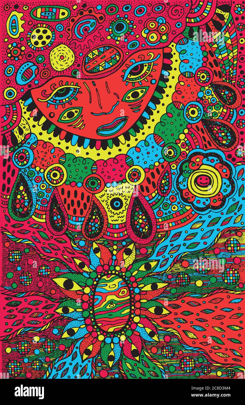 Graphic art with shamanic face and mineral ornaments. Doodle colorful ...