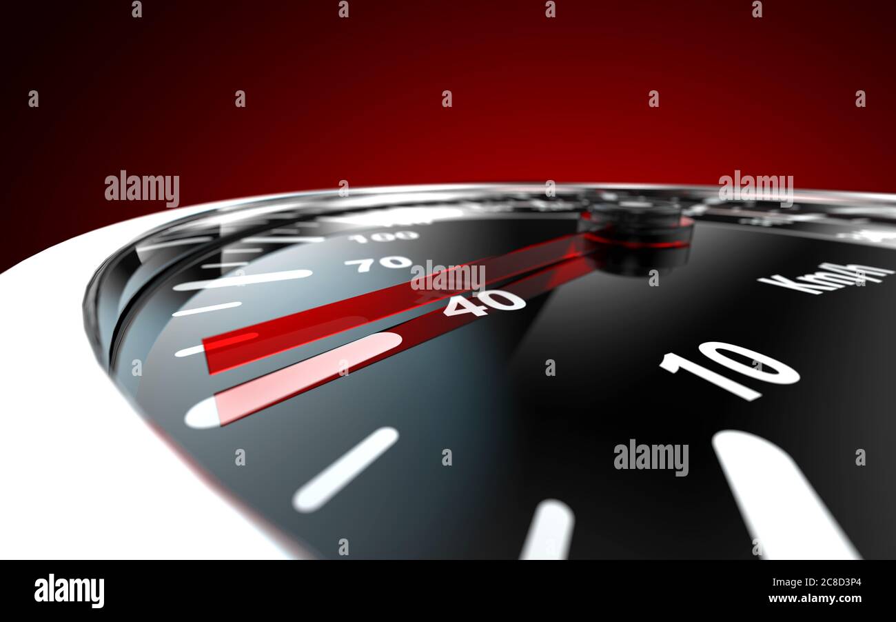 Close up of a car speedometer with the needle pointing a low speed. 3D ...