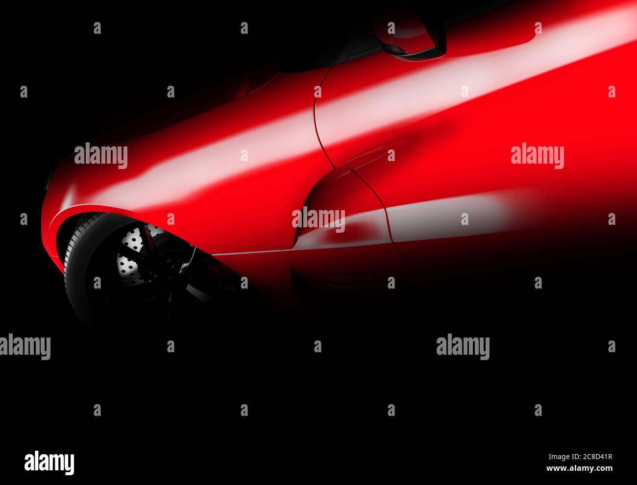 Lateral view of a generic and brandless red car in the dark. 3D ...