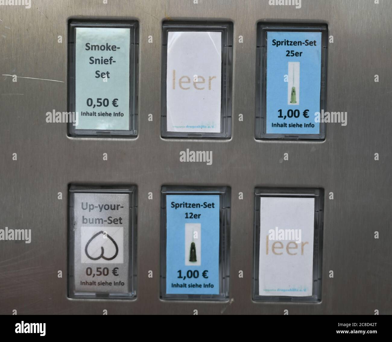 23 July 2020, Hessen, Frankfurt/Main: A syringe vending machine is ...