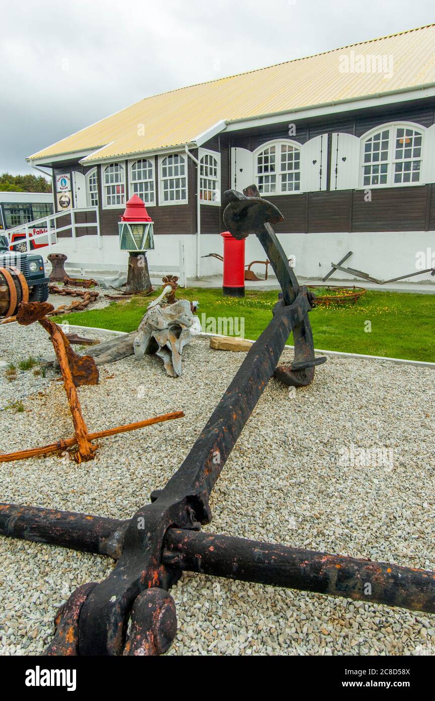 Artifacts in front of the Falkland Island Museum in Port Stanley ...