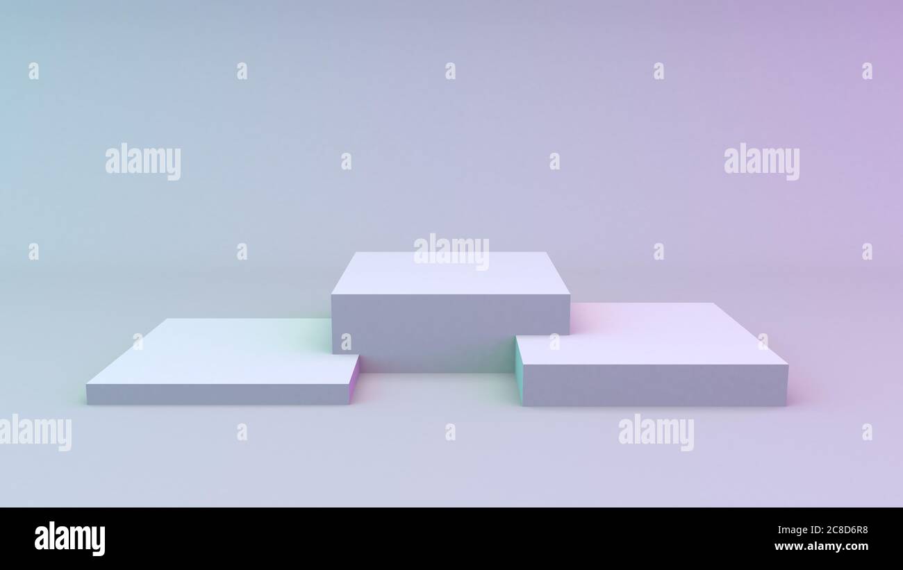 White cube boxes with blank wall background for display. 3D ...