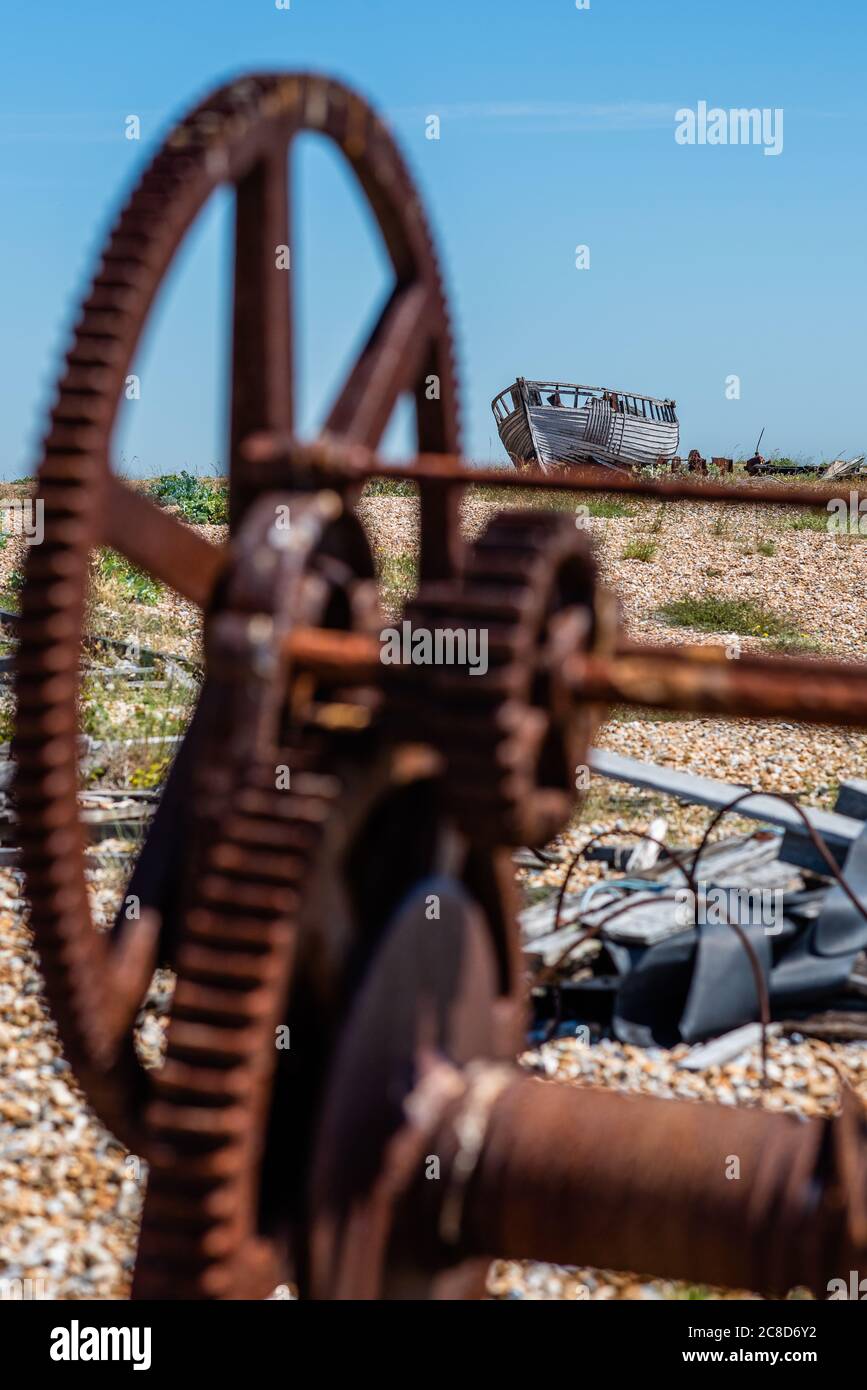 Derelict abandoned wooden fishing boat, gnarly wood & flaking paint on ...