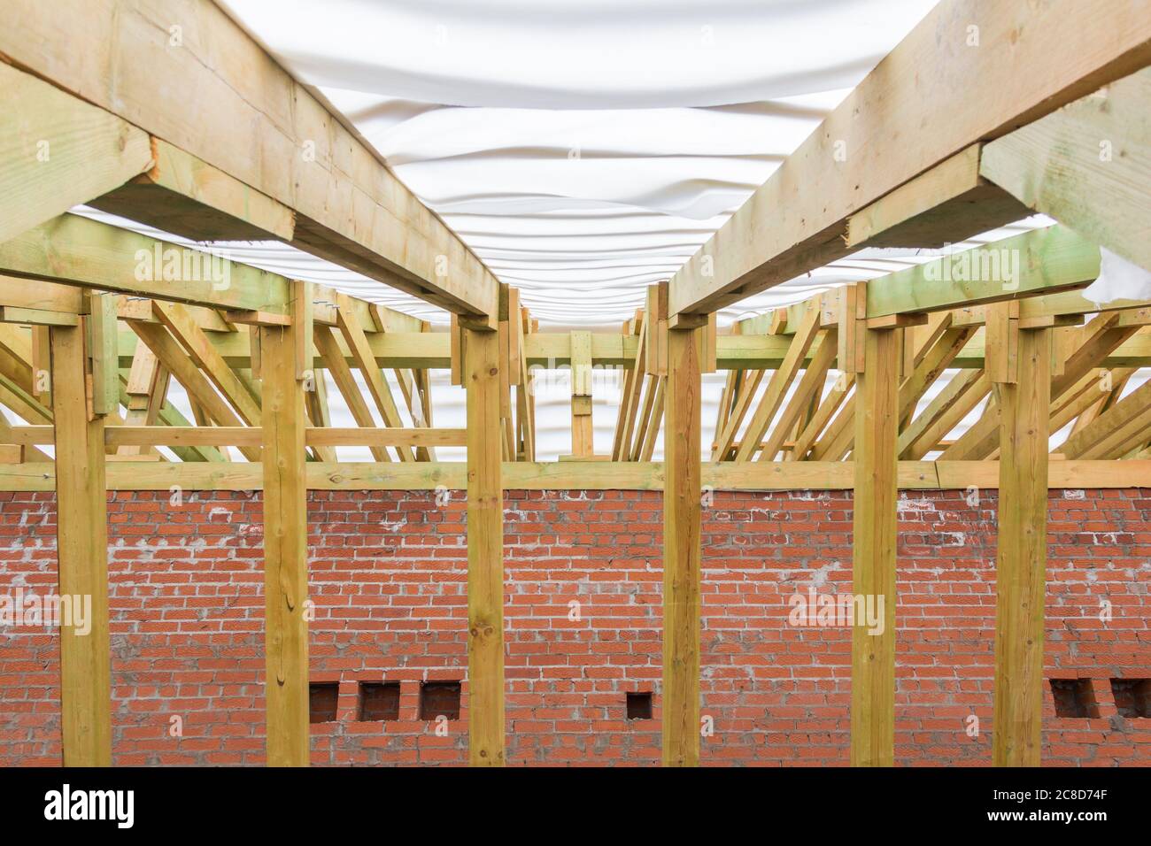 Rafter system of a wooden roof. Wooden construction. The construction ...