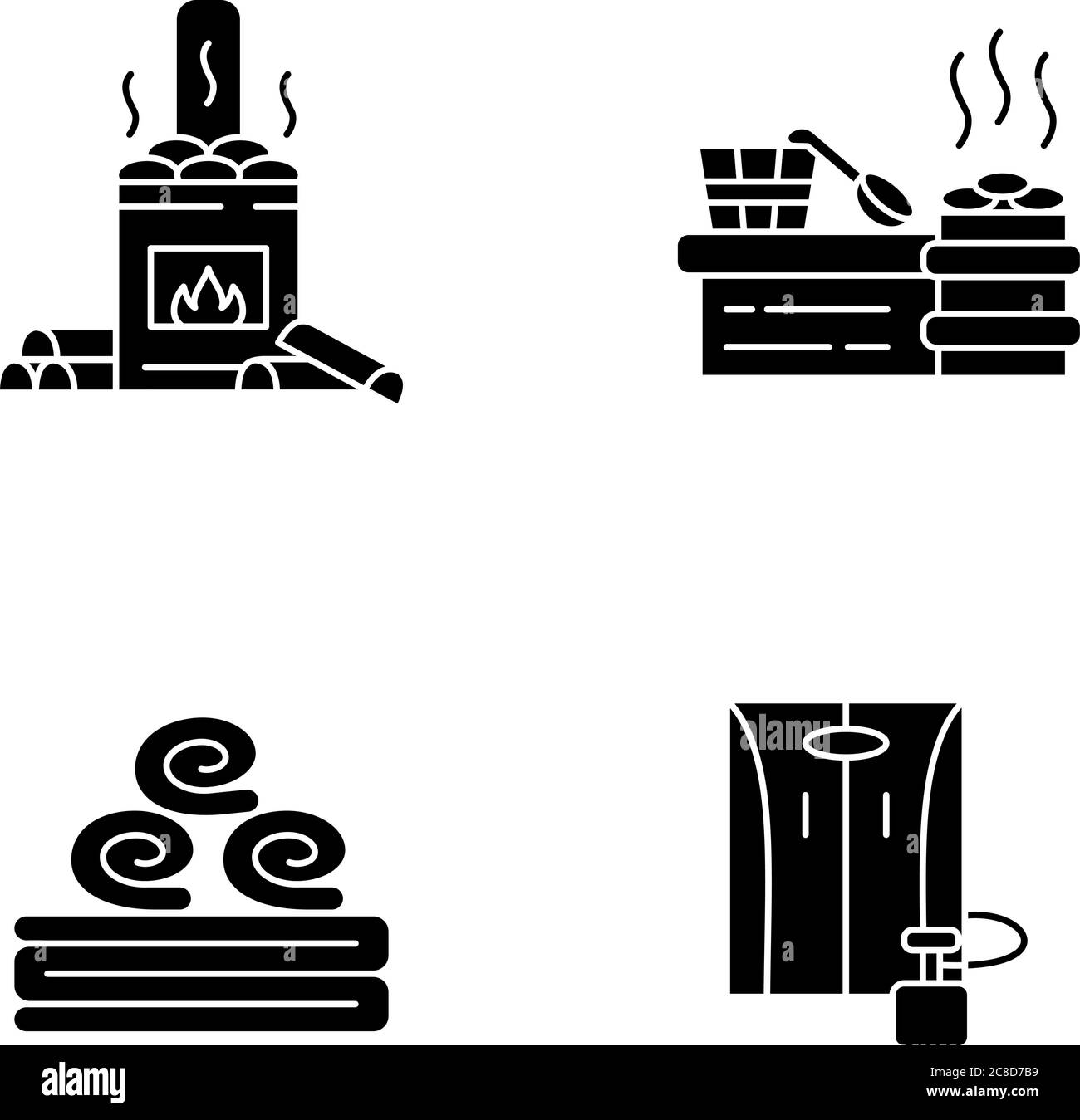 Modern saunas black glyph icons set on white space. Wood burning ...