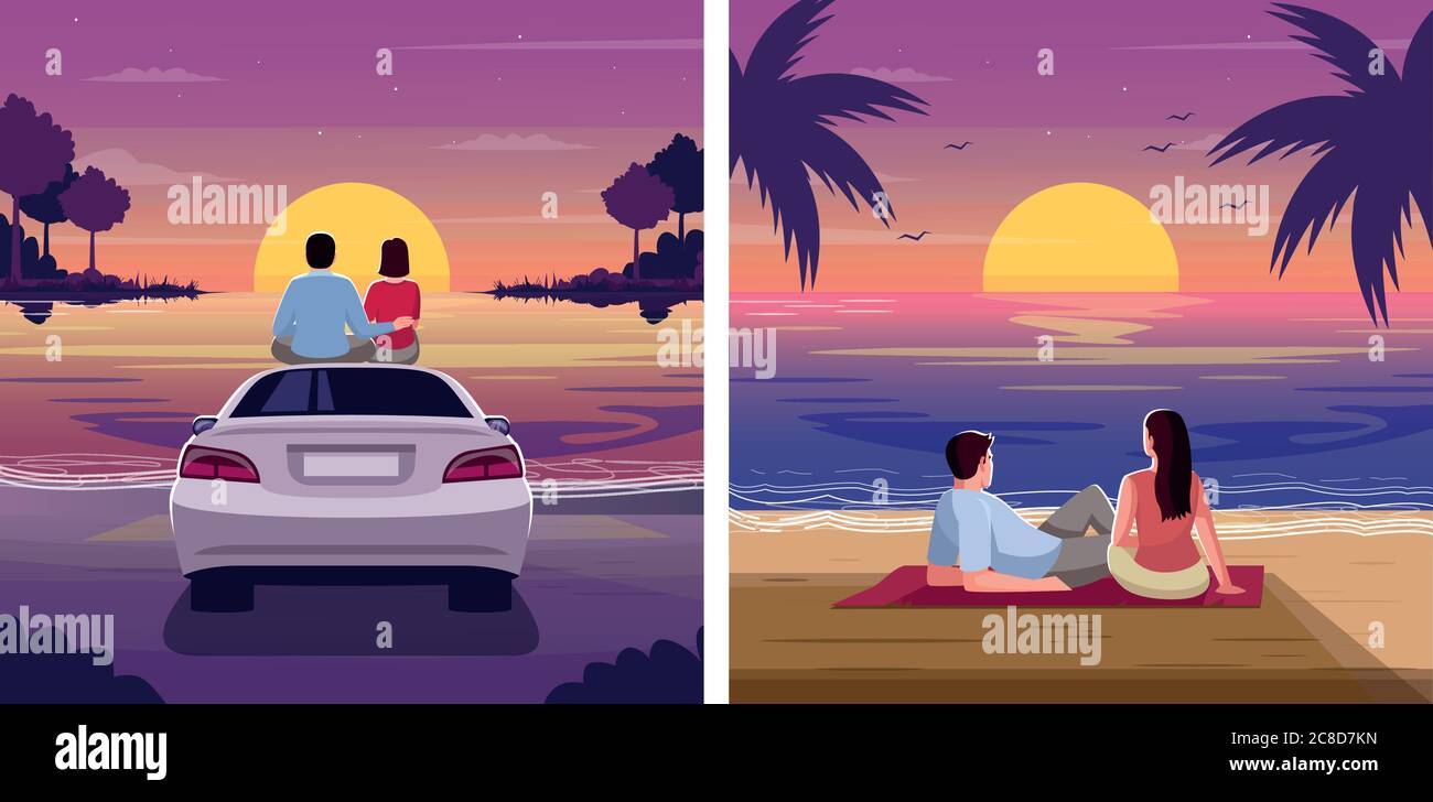Couple watch sunset semi flat vector illustration set. Romantic weekend ...