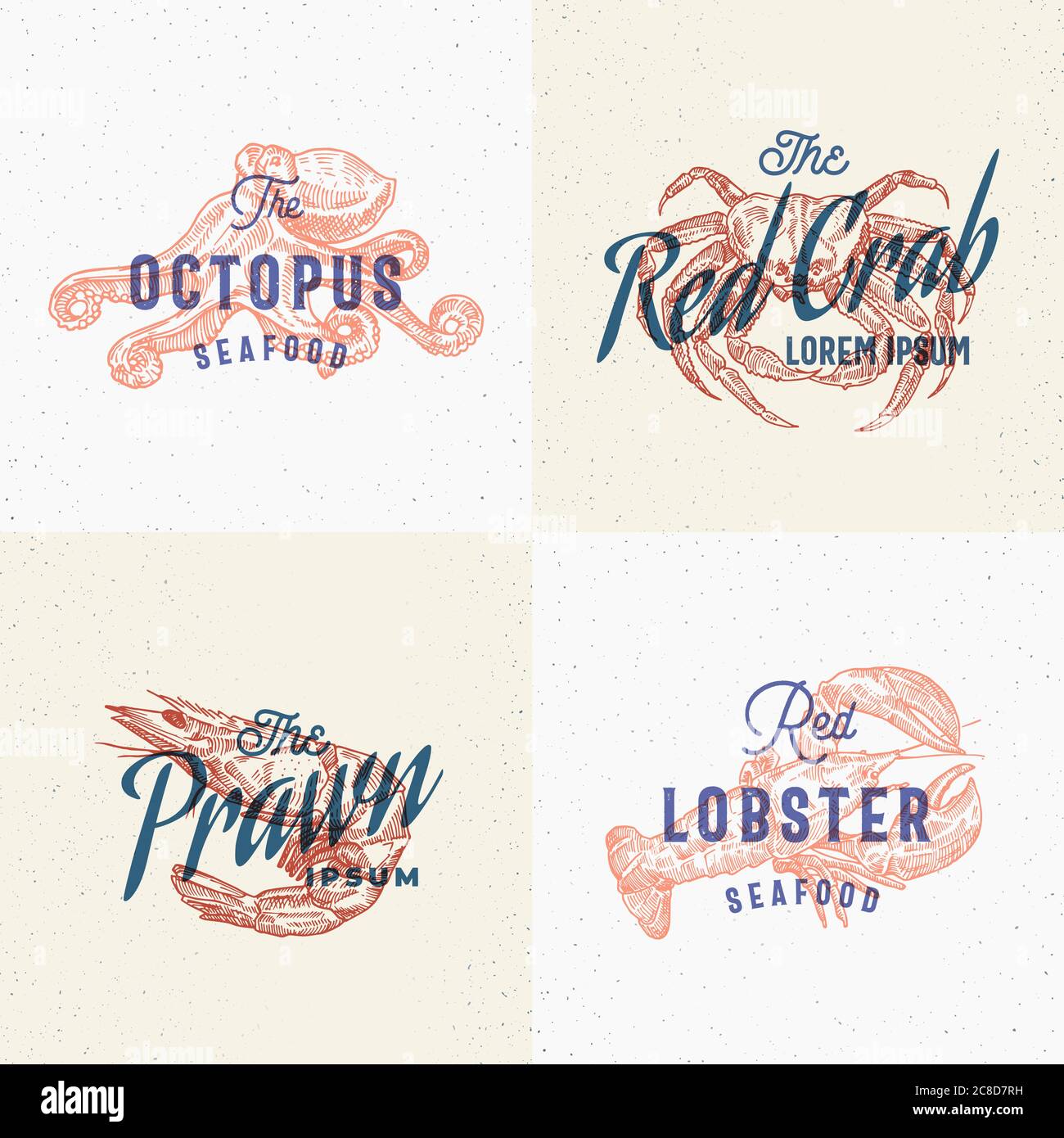 Seafood Labels Set. Retro Print Effect Cards. Abstract Vector Sign ...