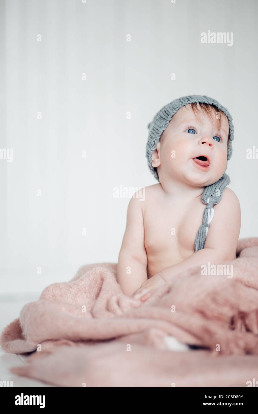 childhood, babyhood and people concept - happy little baby boy or girl ...