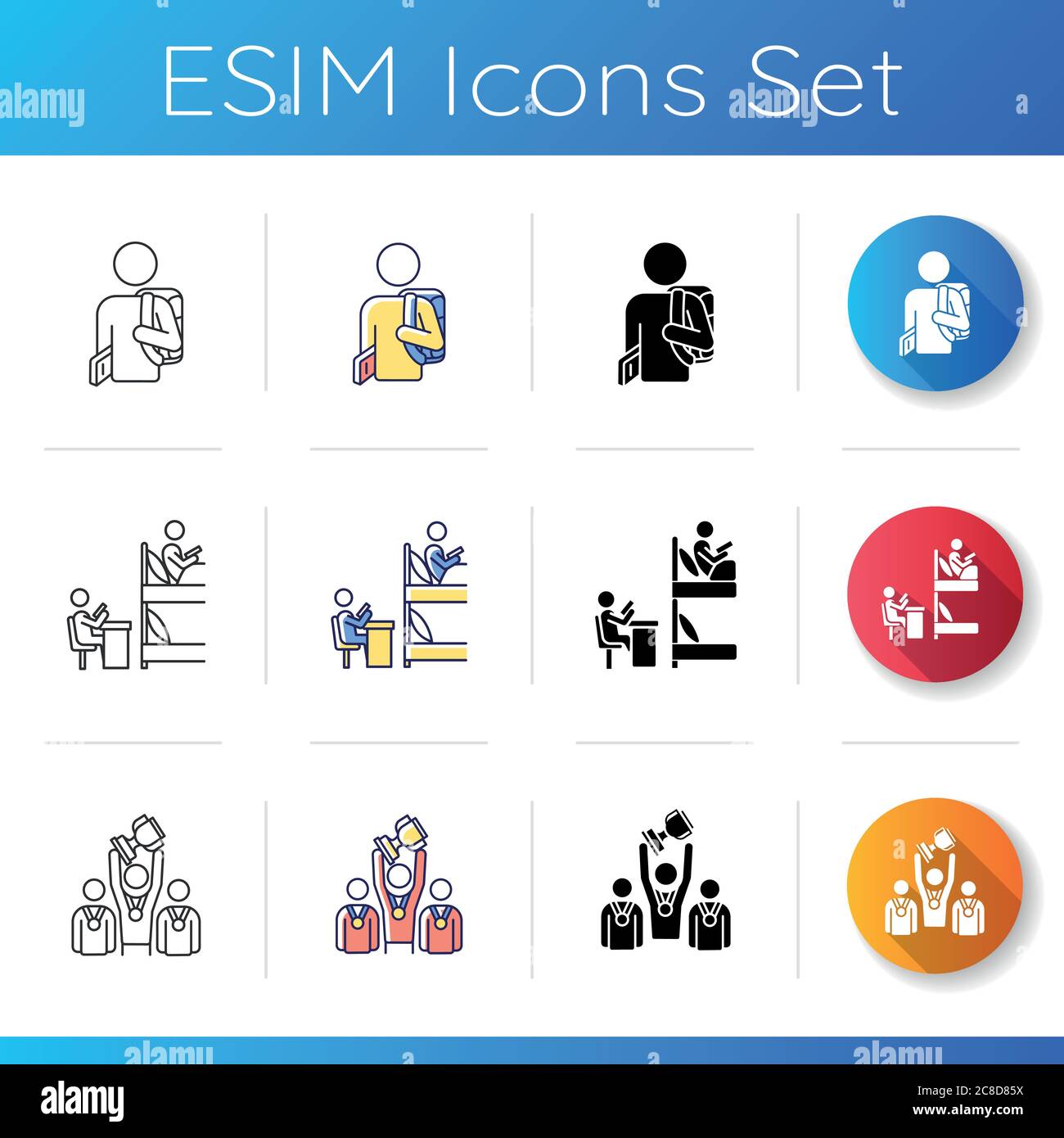 Student life icons set. Campus life and activities. University living ...