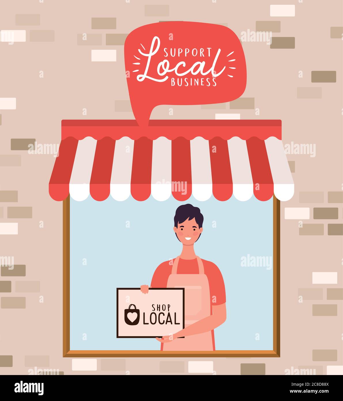 Man cartoon with shop local banner in store design of retail buy and ...