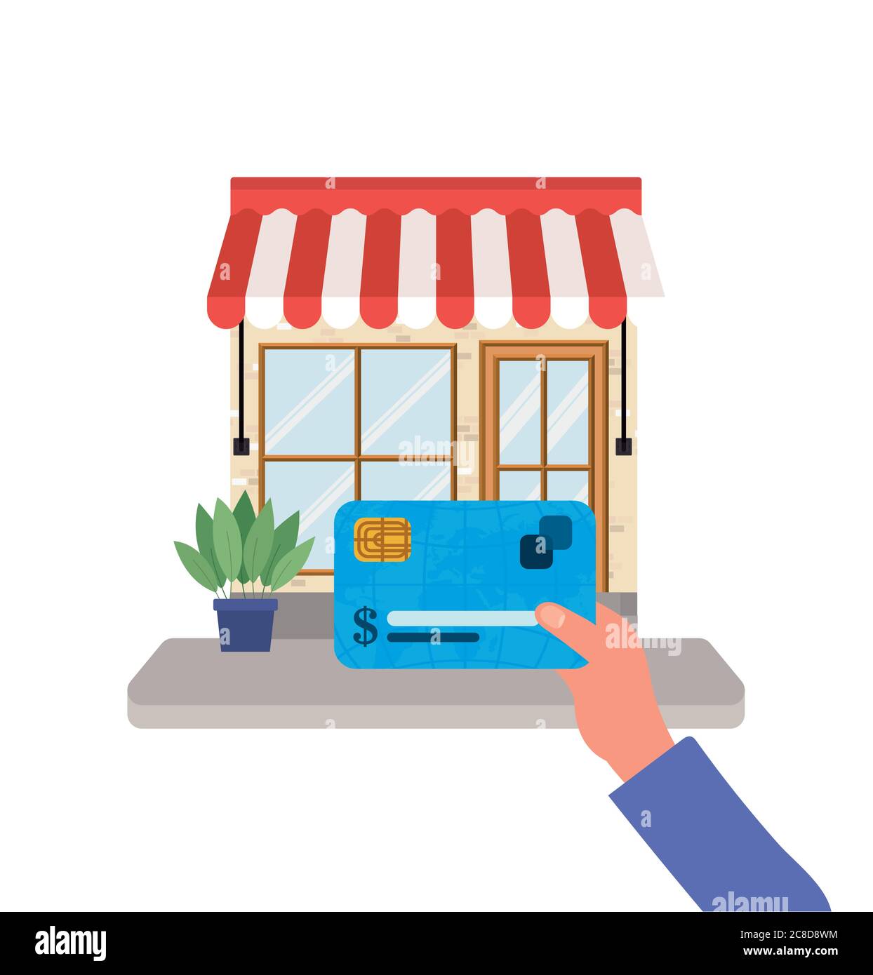 hand holding credit card in front of local store design of shop retail ...