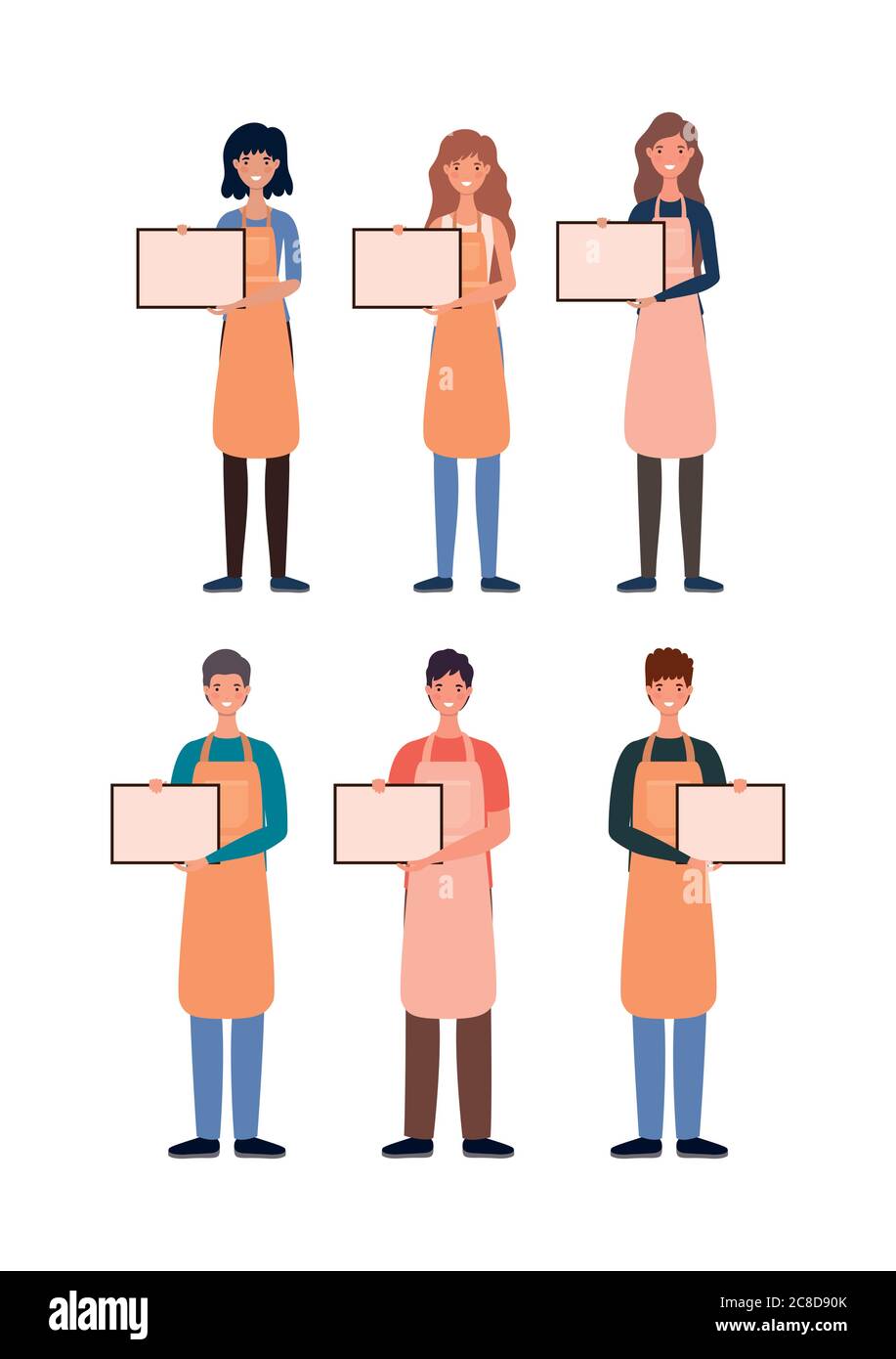 women and men sellers cartoons with banners design of shop retail buy ...