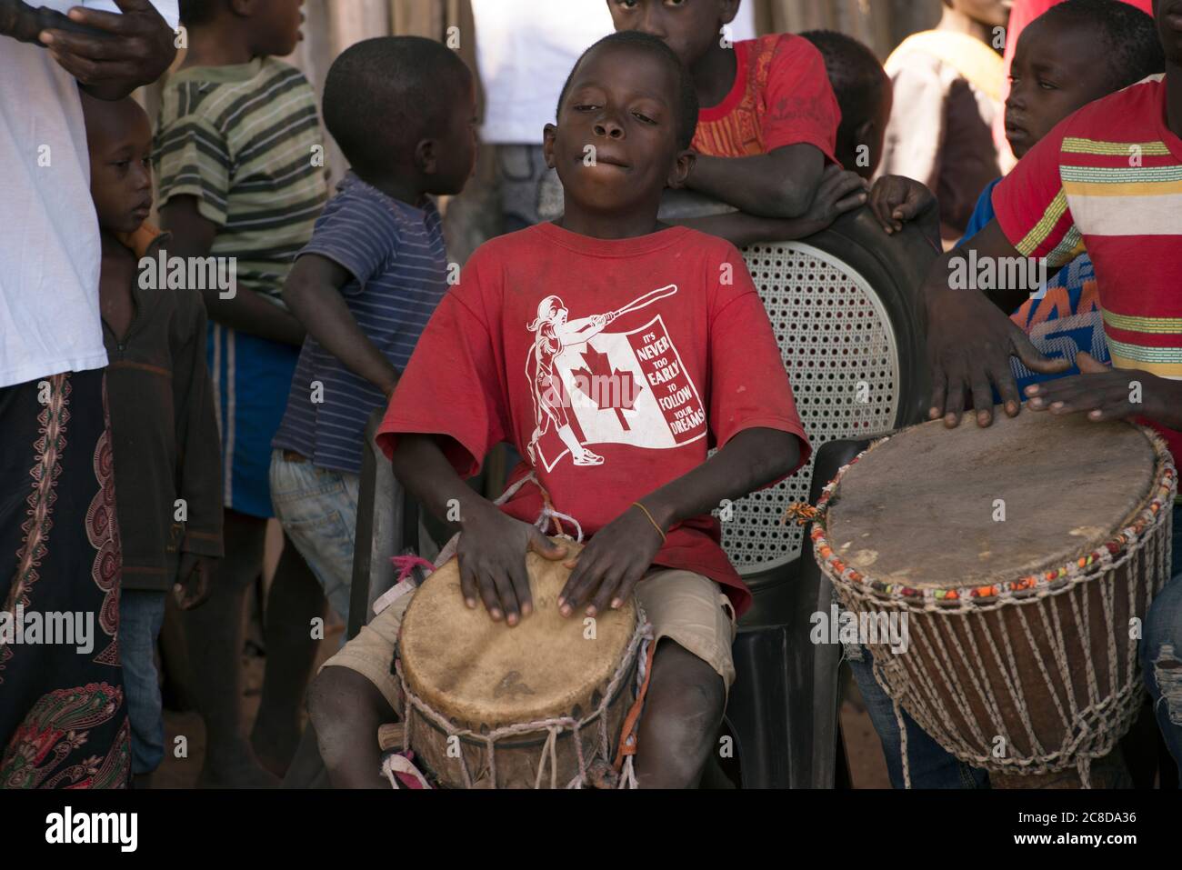 Indigenous Jola people playing drums during a chanting ritual in the ...