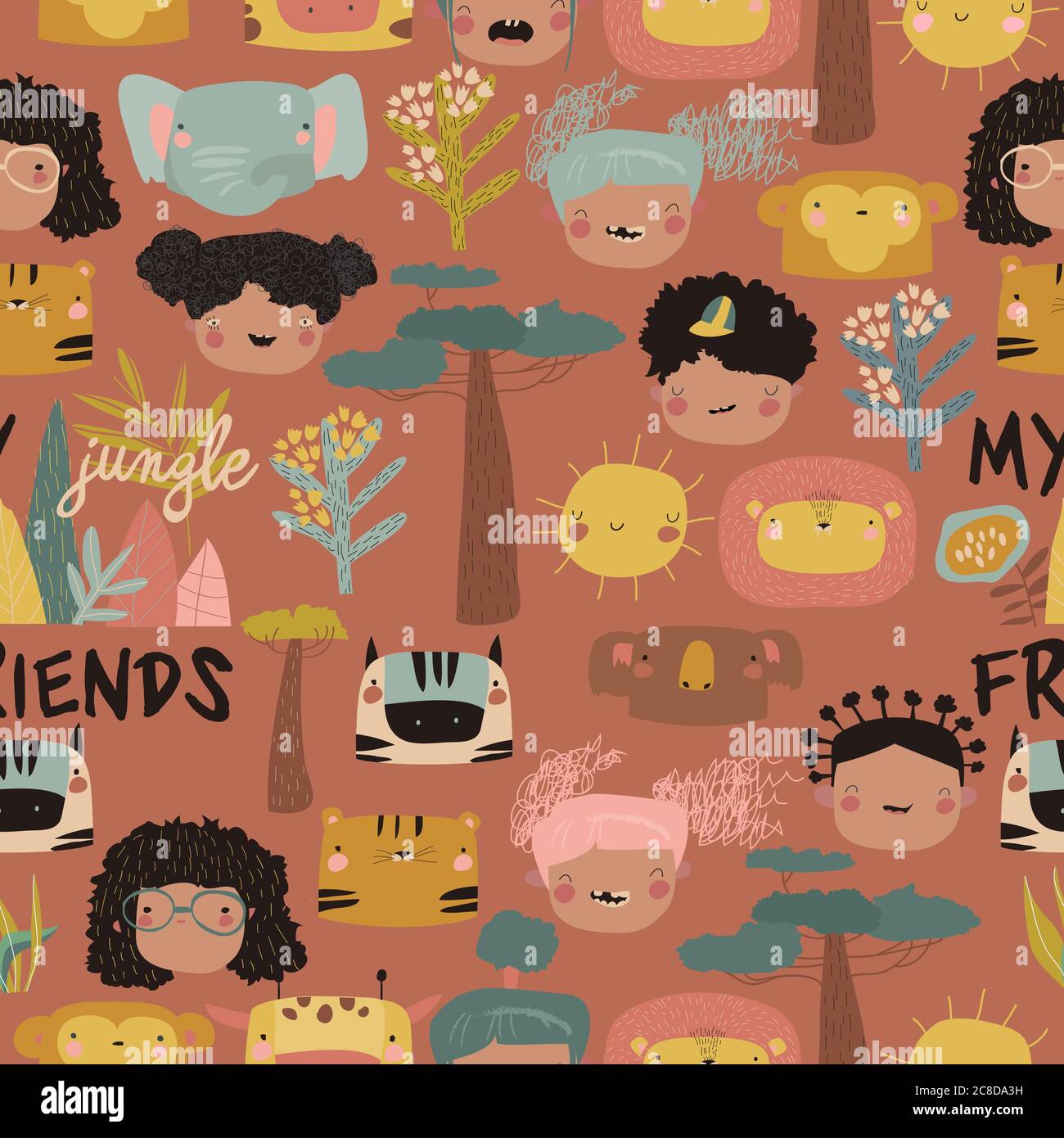Seamless pattern with cute kids faces and jungle animals Stock Vector ...
