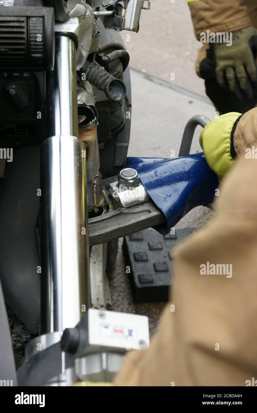 car crash, mechanical entrapment, rescue cutting equipment Stock Photo ...