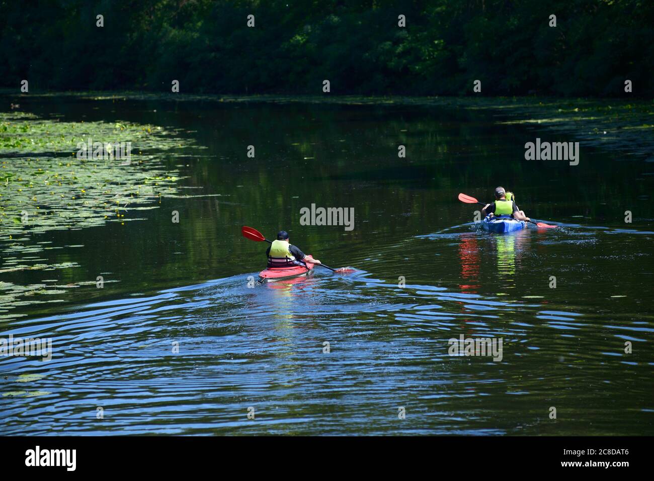 Two canoes floating on the river, men rowing Stock Photo - Alamy