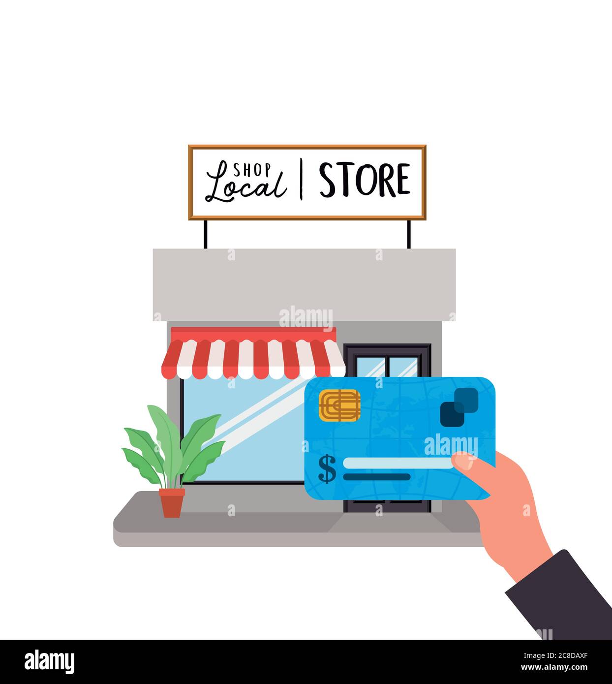 hand holding credit card in front of local store design of shop retail ...