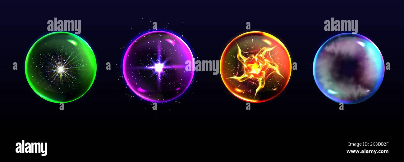 Magic spheres, crystal balls of different colors with sparkles, glow ...