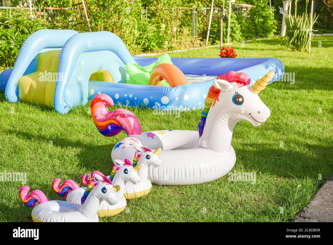 Inflatable toys white unicorn, ball, fish, octopus... at the swimming ...