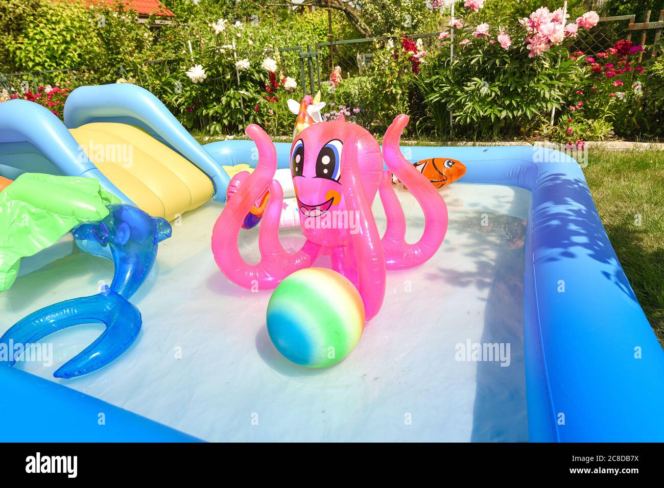 Inflatable toys white unicorn, ball, fish, octopus... at the swimming ...