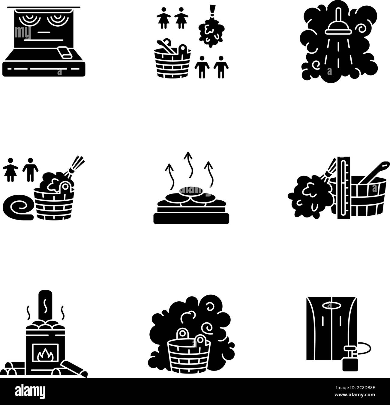 Steam treatment black glyph icons set on white space. Finnish and ...